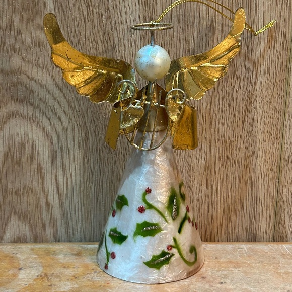 Holiday | Vintage Capiz Cone Shell Golden Tin Angel Holly Pearl Hanging ...